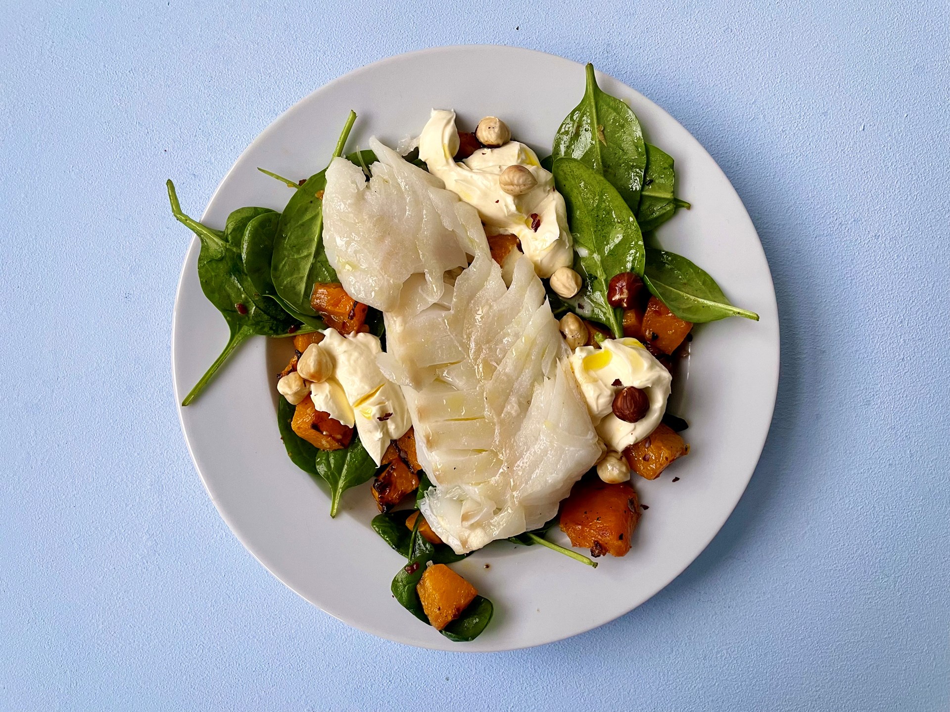 Hvilling/torsk med cajun butternut bagt i hvidløg med ricotta og spinat ...
